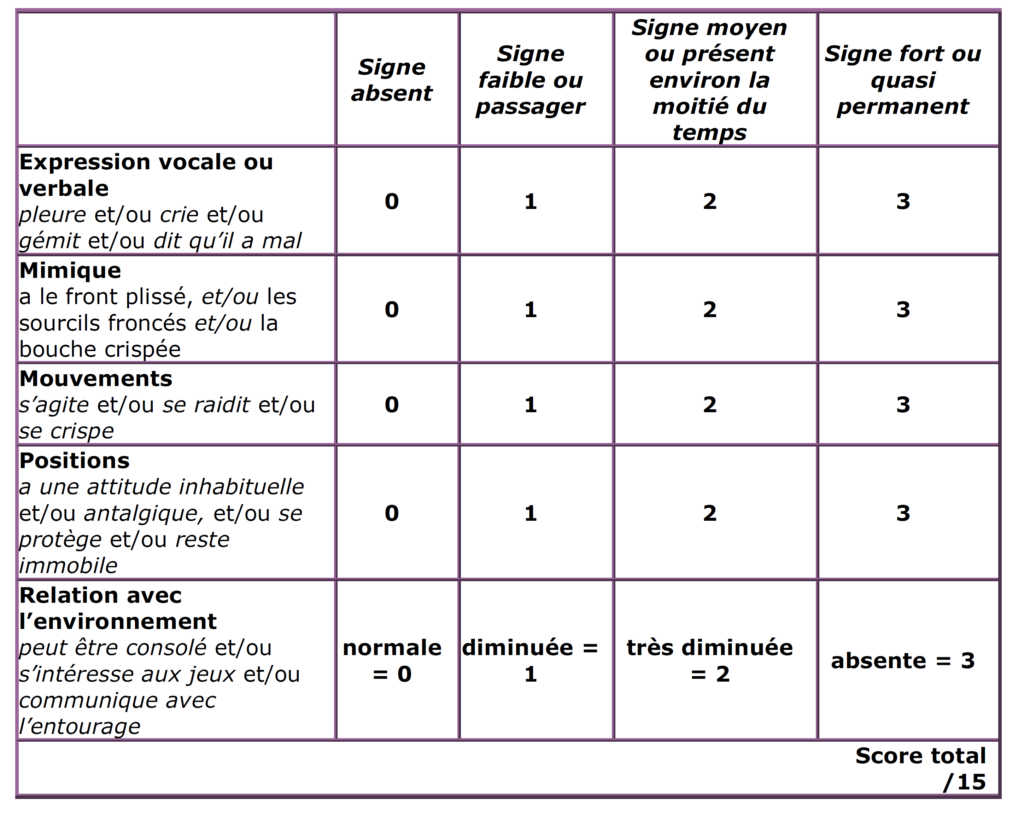 Échelle d’évaluation de la douleur chez le jeune enfant de moins de 6 ...